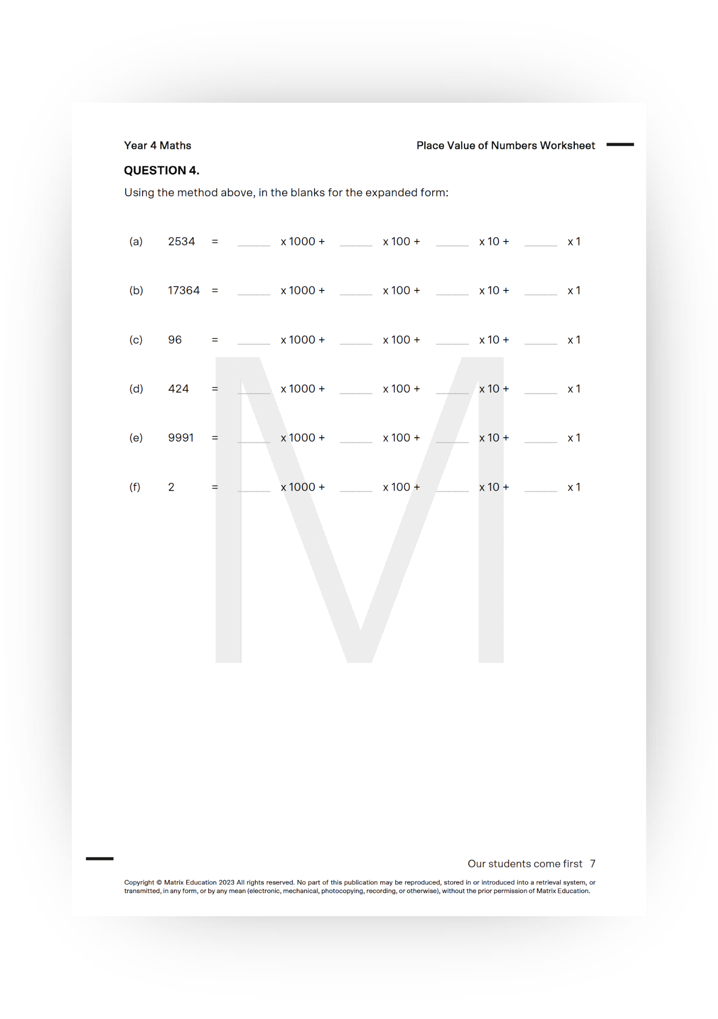 Free Year 4 Maths Worksheet Place Value Of Numbers Downloadable