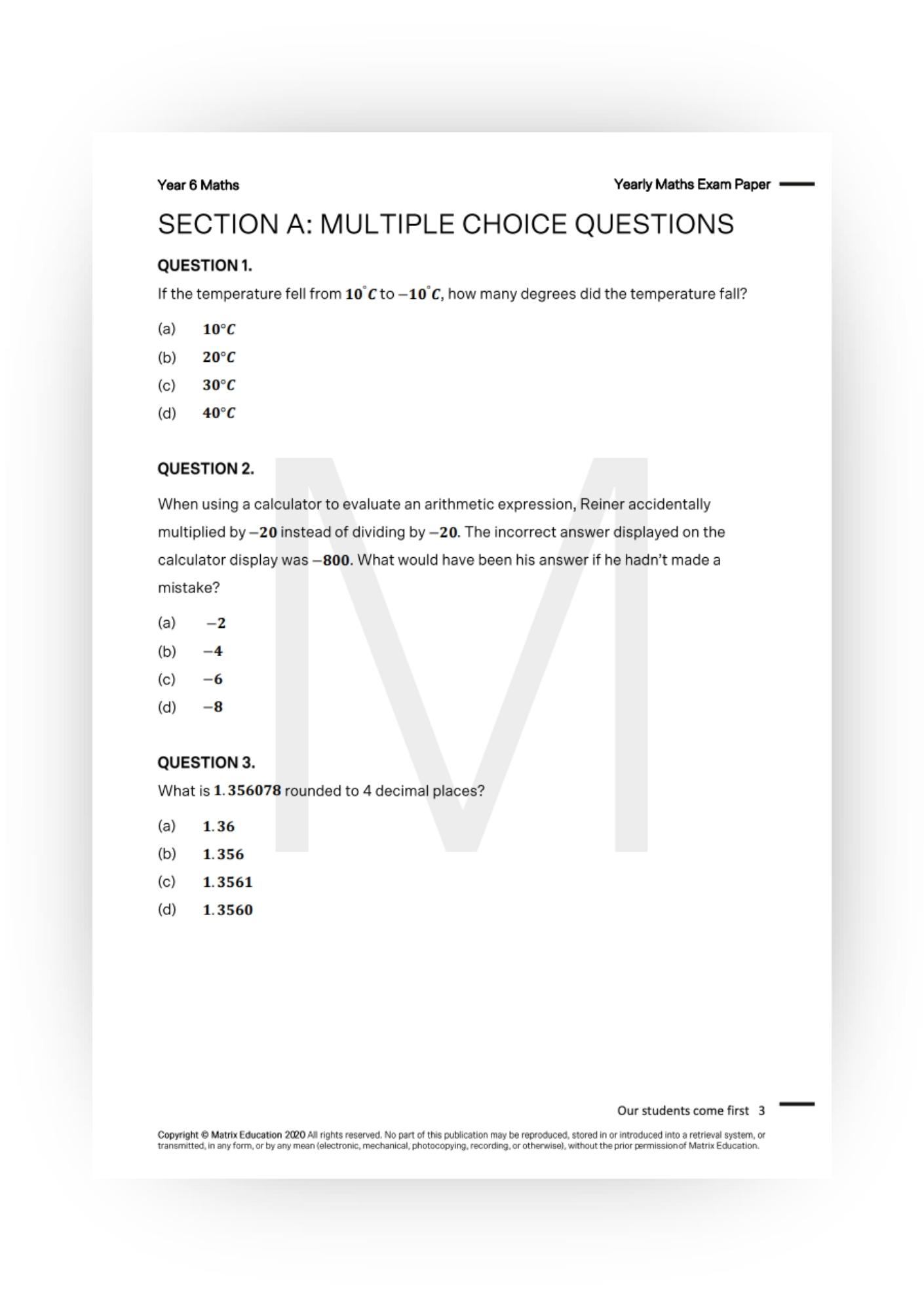 Free Year 6 Maths Yearly Exam Downloadable
