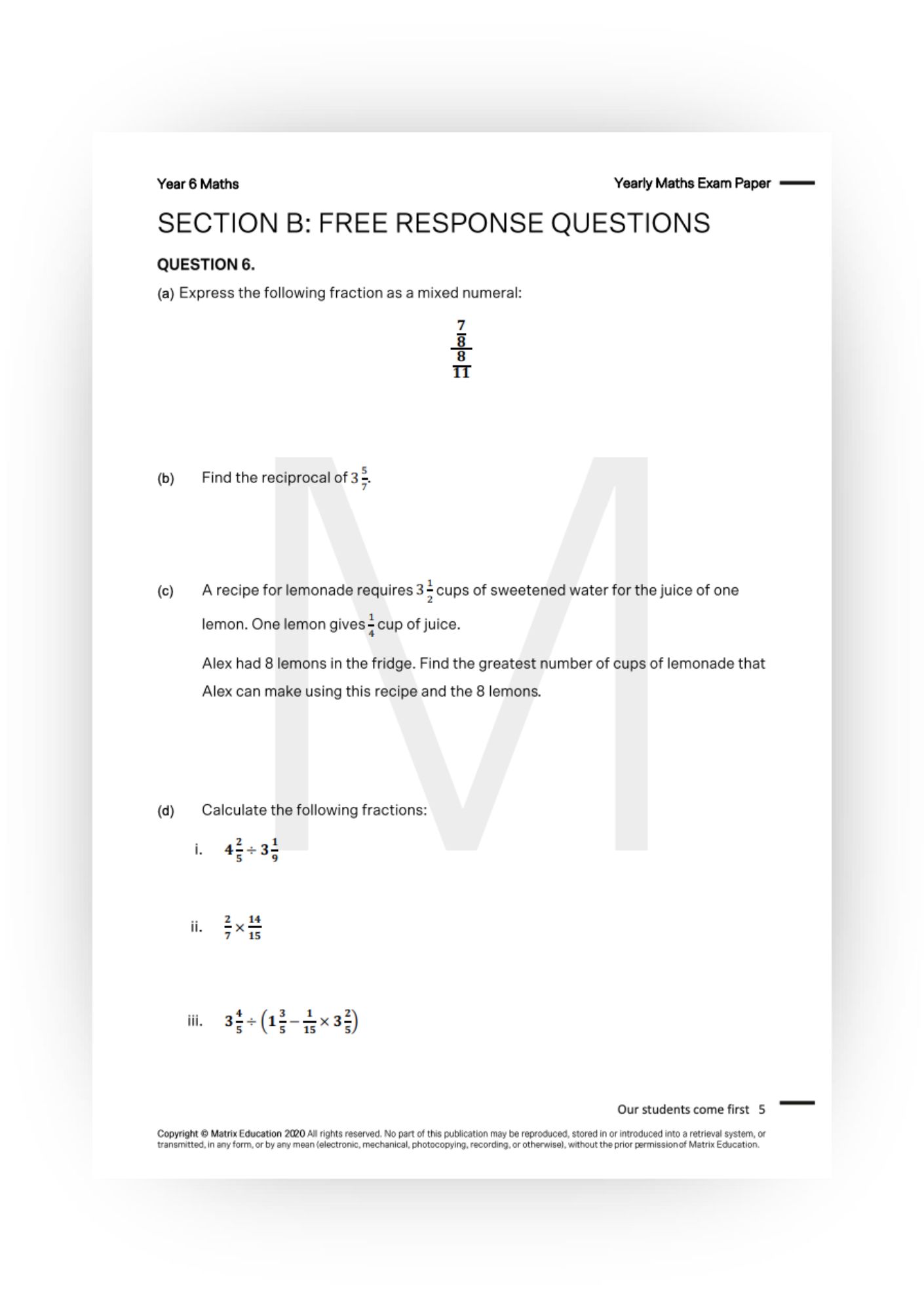 Free Year 6 Maths Yearly Exam Downloadable