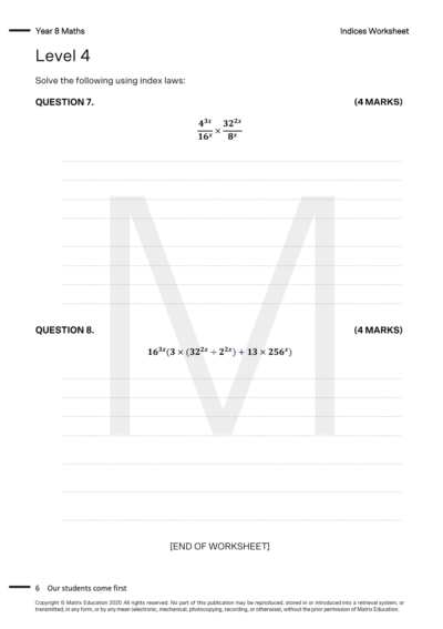Free Year 8 Indices Worksheet