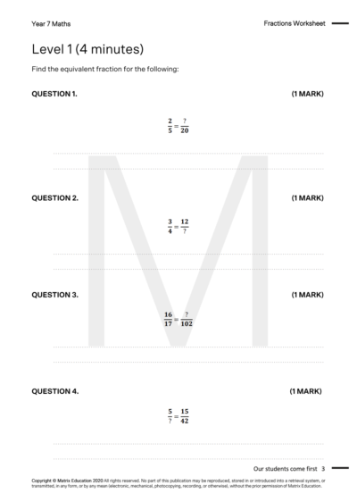 Free Year 7 Fractions Worksheet