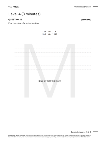 Free Year 7 Fractions Worksheet
