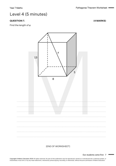 Free Year 7 Maths Pythagoras' Theorem Worksheet